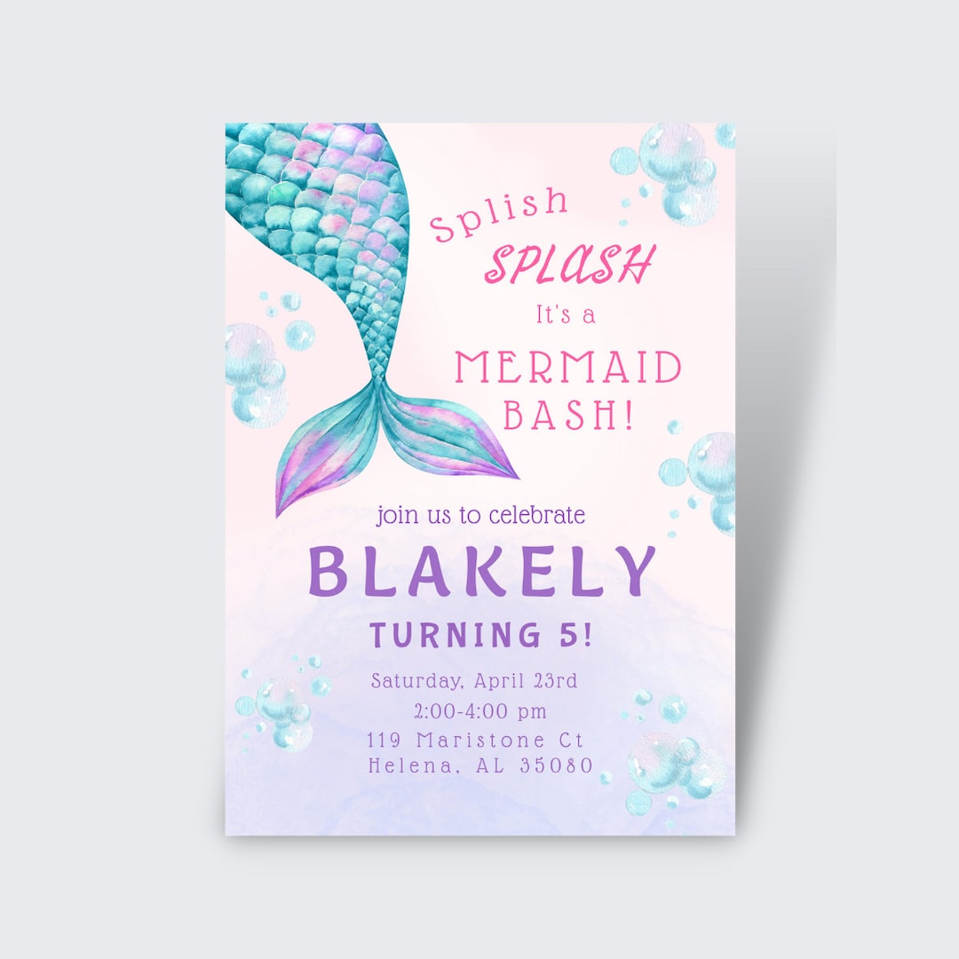 Mermaid Watercolor Birthday Invitation Mermaid Tail Birthday Ocean ...