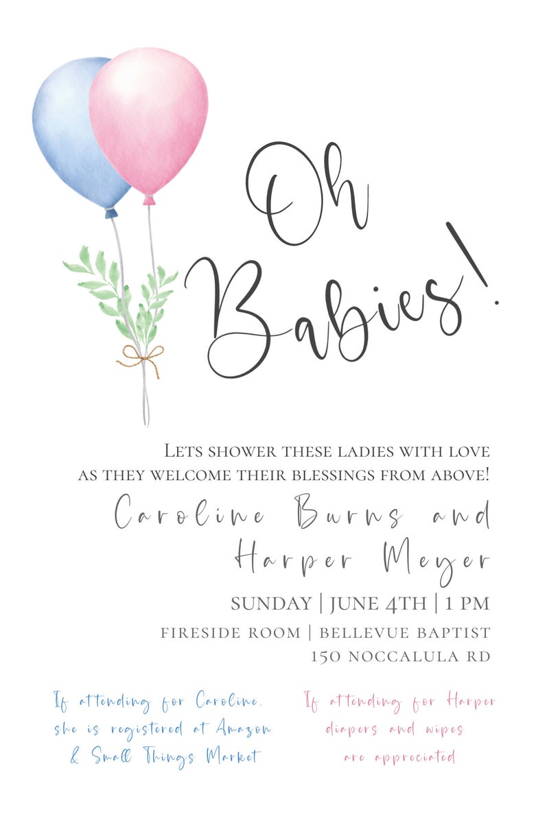 Joint Baby Shower Invitation Template | Double Baby Shower Invitation ...