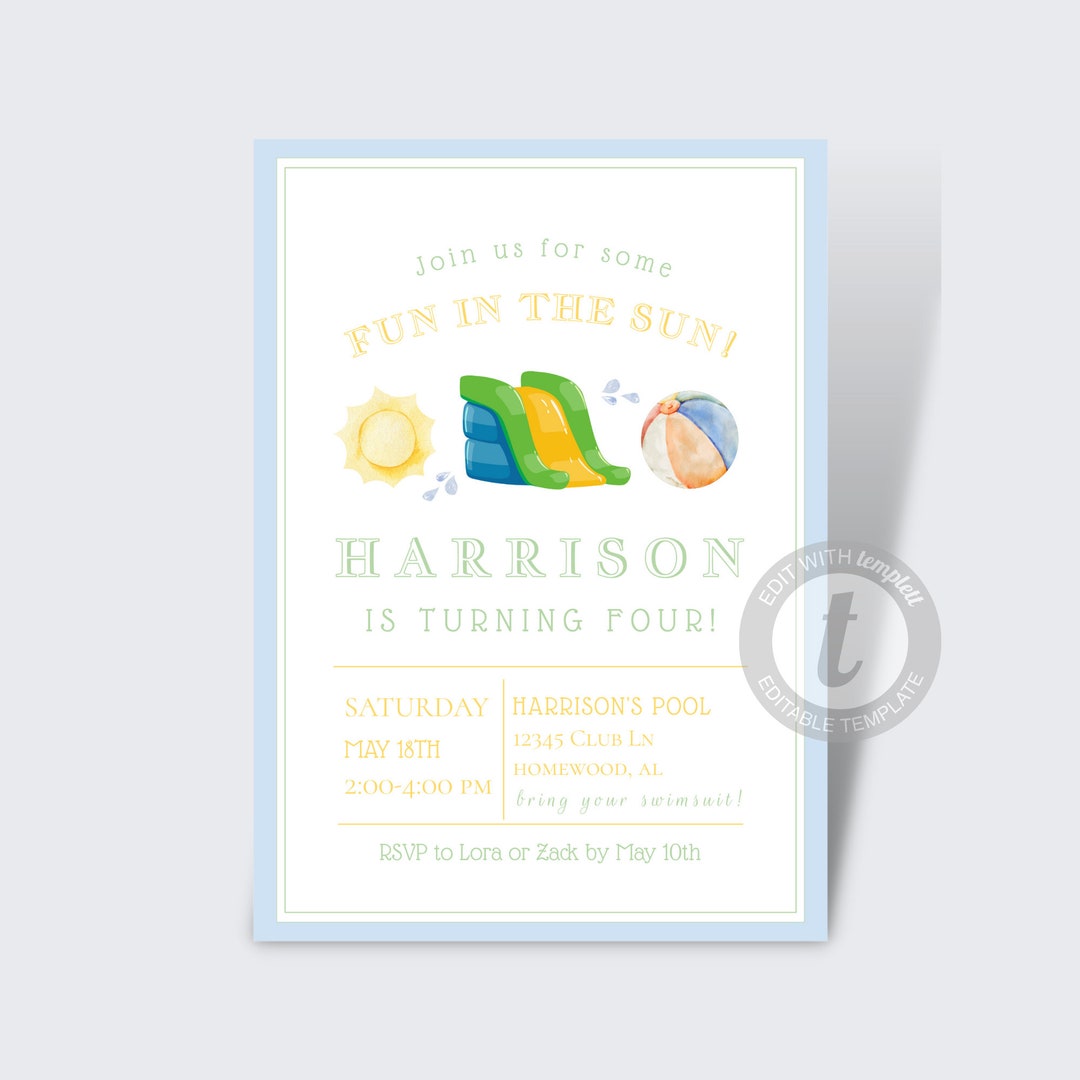 Pool Party Blue Birthday Invite | Pool Summer Birthday Invite | Summer ...