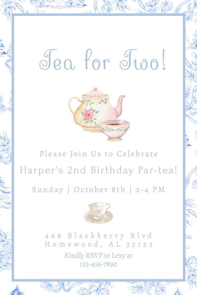 Classic Blue, Tea Party Tea for Two 2nd Birthday Party Invite ...