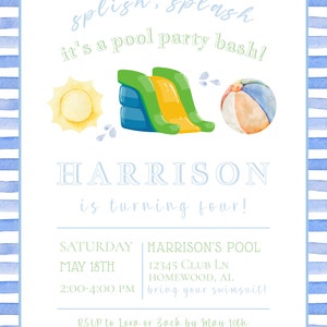 Pool Party Blue Birthday Invite | Pool Summer Birthday Invite | Summer ...