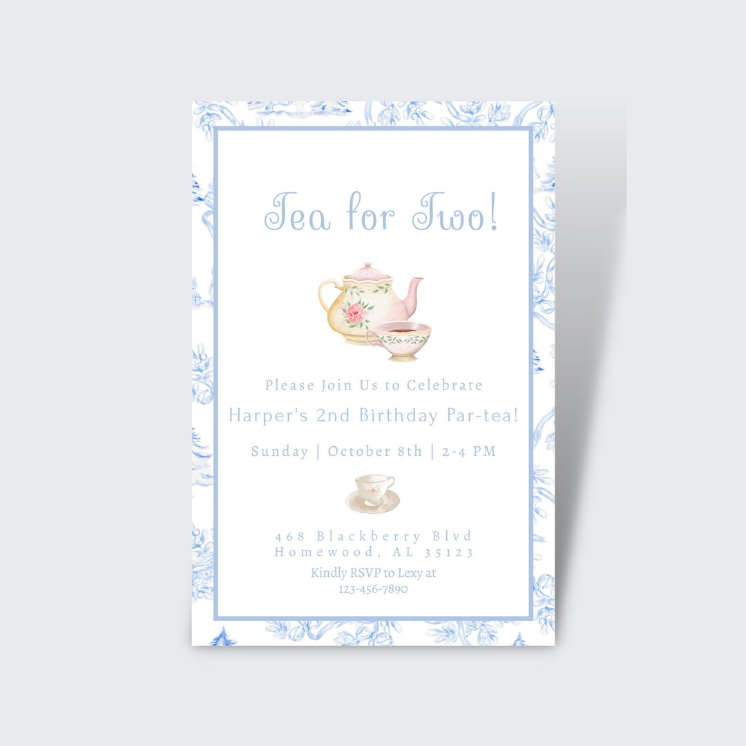 Classic Blue, Tea Party | Tea for Two | 2nd Birthday Party Invite ...
