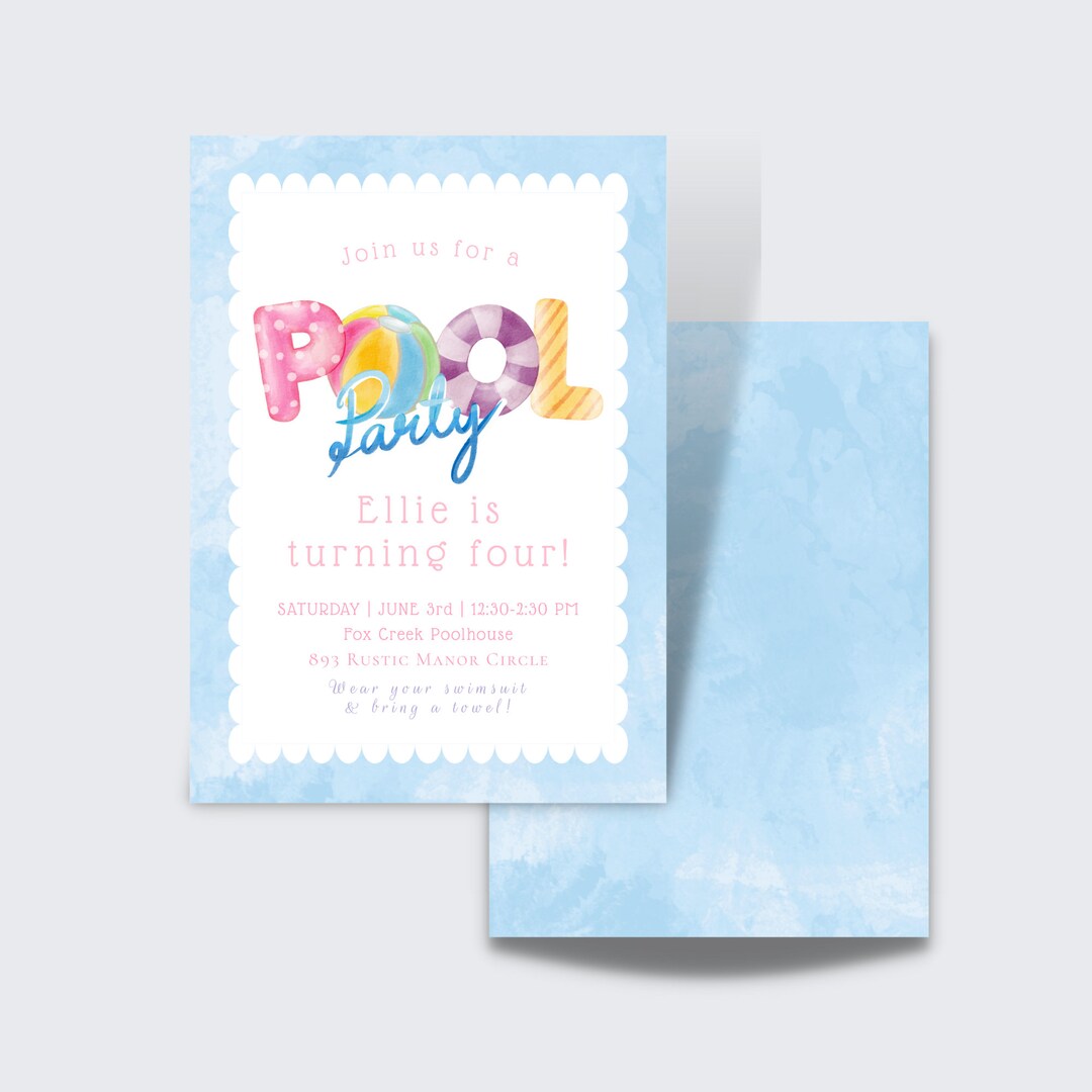 Pool Party Blue & Pink Birthday Invite | Pool Summer Birthday Invite ...
