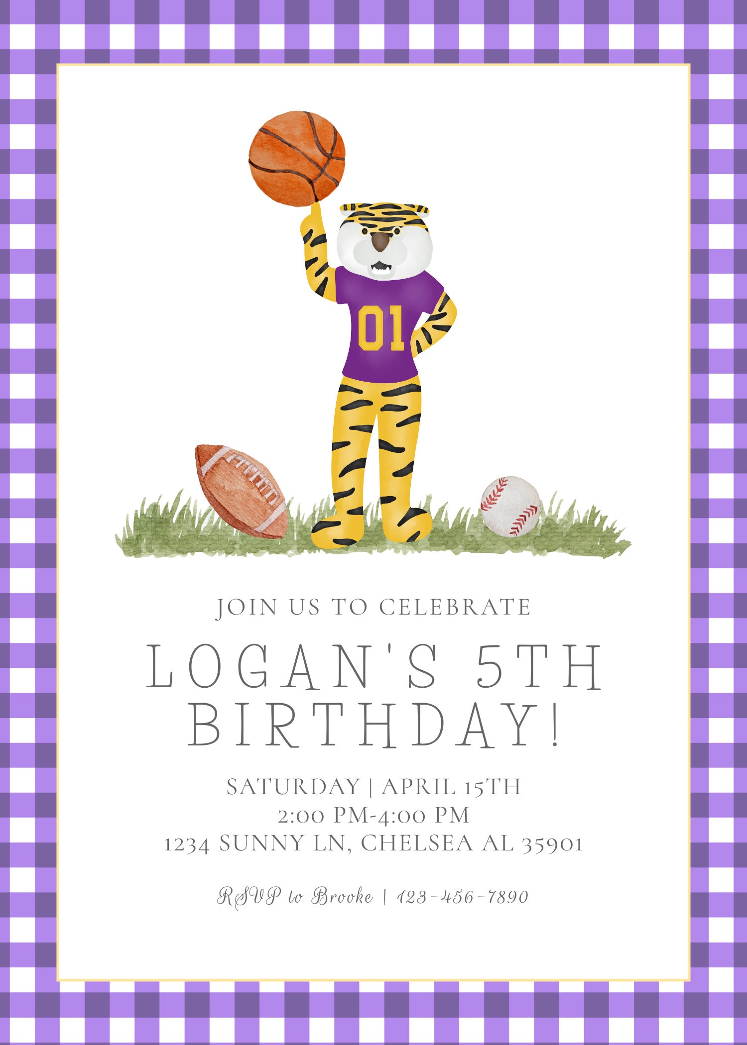 Purple and Gold Football Invite LSU Inspired | Boy Birthday Invite ...