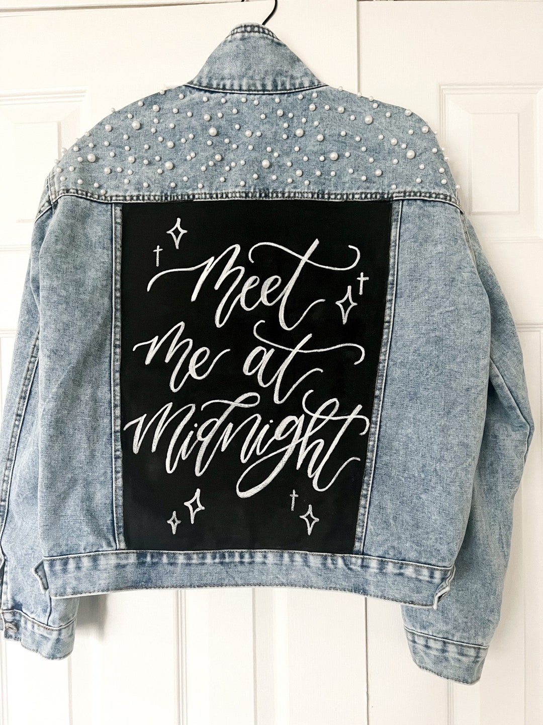 Custom Hand Painted Pearl Denim Jacket | Hand-lettered Custom Pearl ...