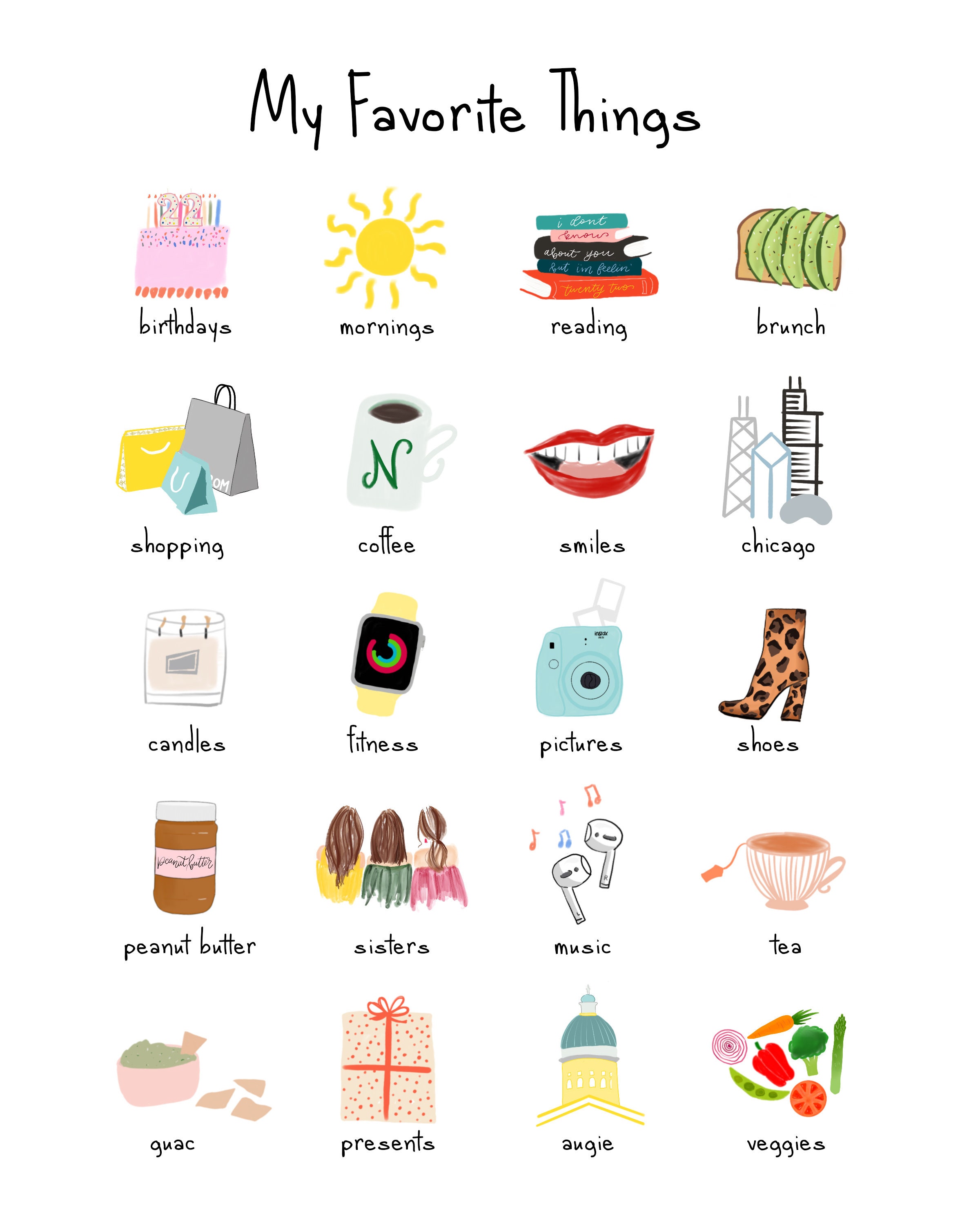PERSONALIZED Favorite Things Art Print | 20 Custom Hand Drawn Images ...