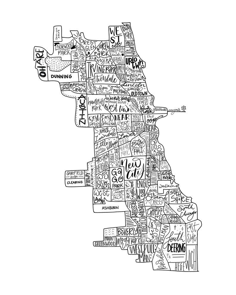 Chicago Neighborhood Map Print | Chicago Illinois Map | 8x10 Chicago ...