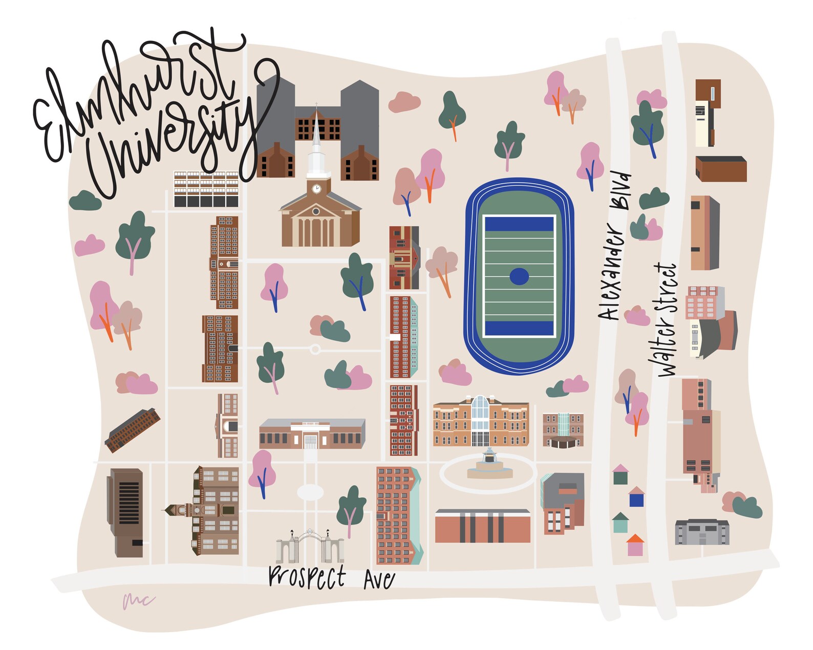 Elmhurst University Map Print, Elmhurst Map, Elmhurst Bluejays Art ...
