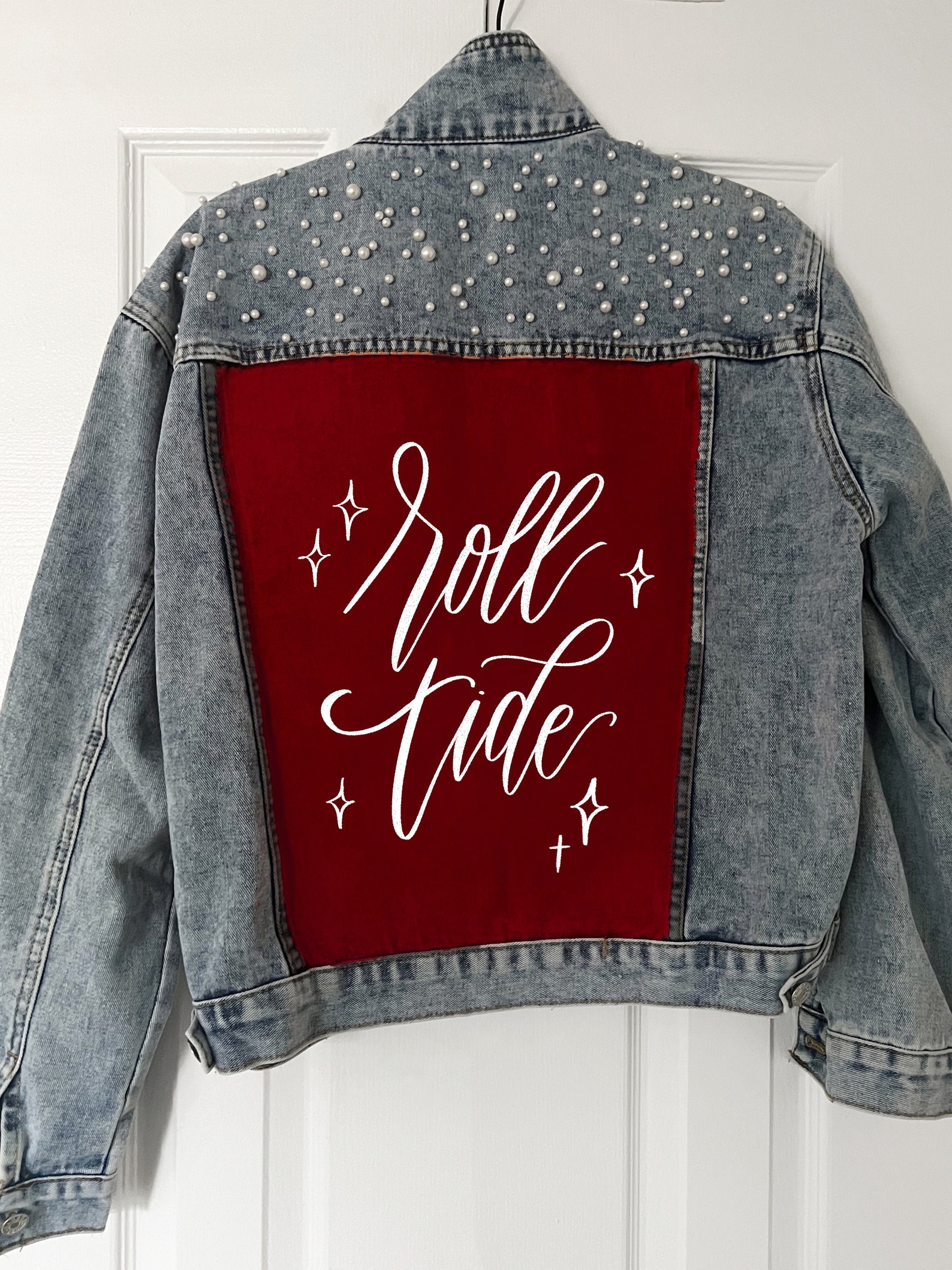 Custom Hand Painted Pearl Denim Jacket | Hand-lettered Custom Pearl ...