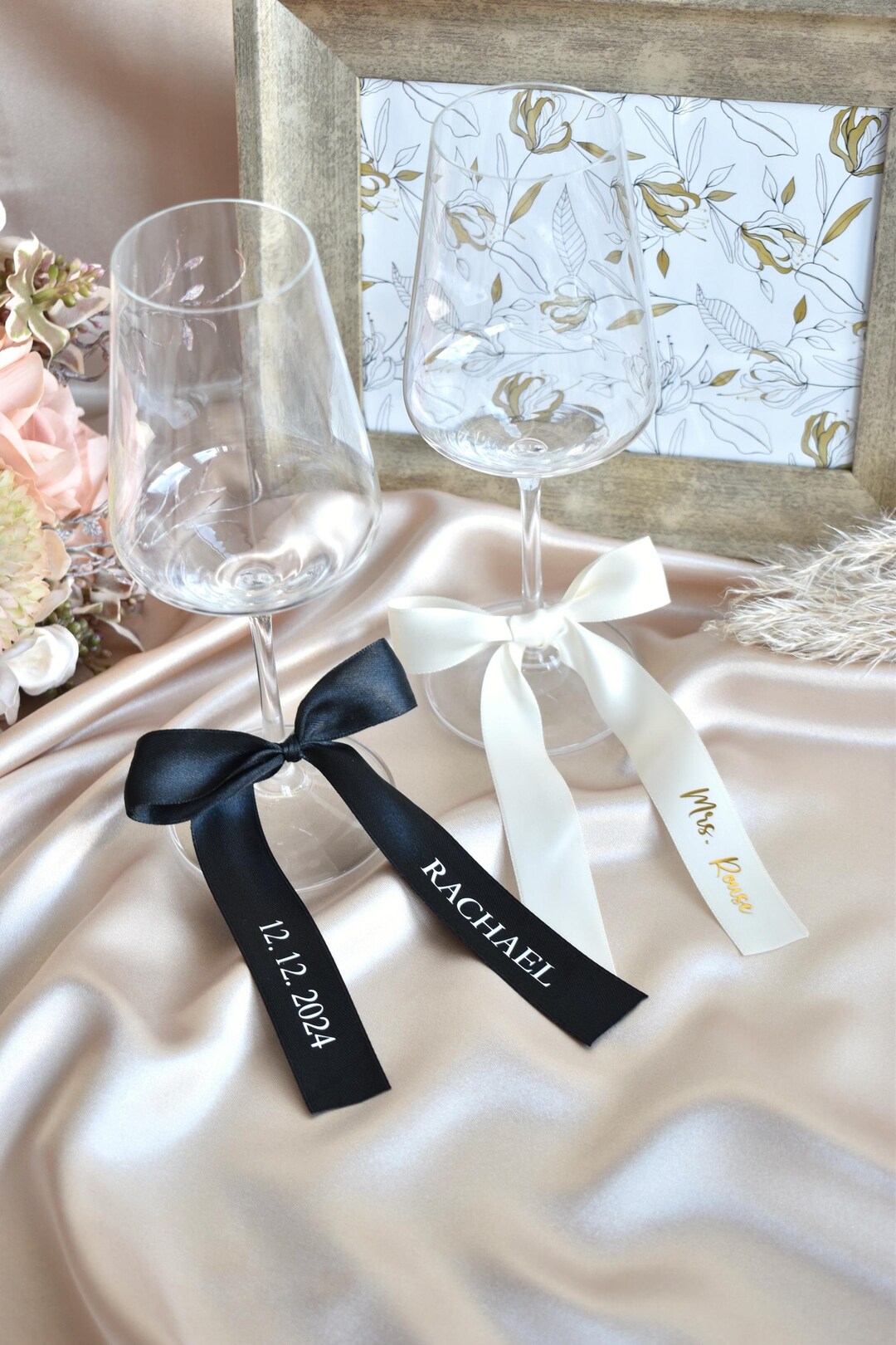 Personalized Wine Glass Stick on Bow, Vinyl Text, Custom Wedding ...