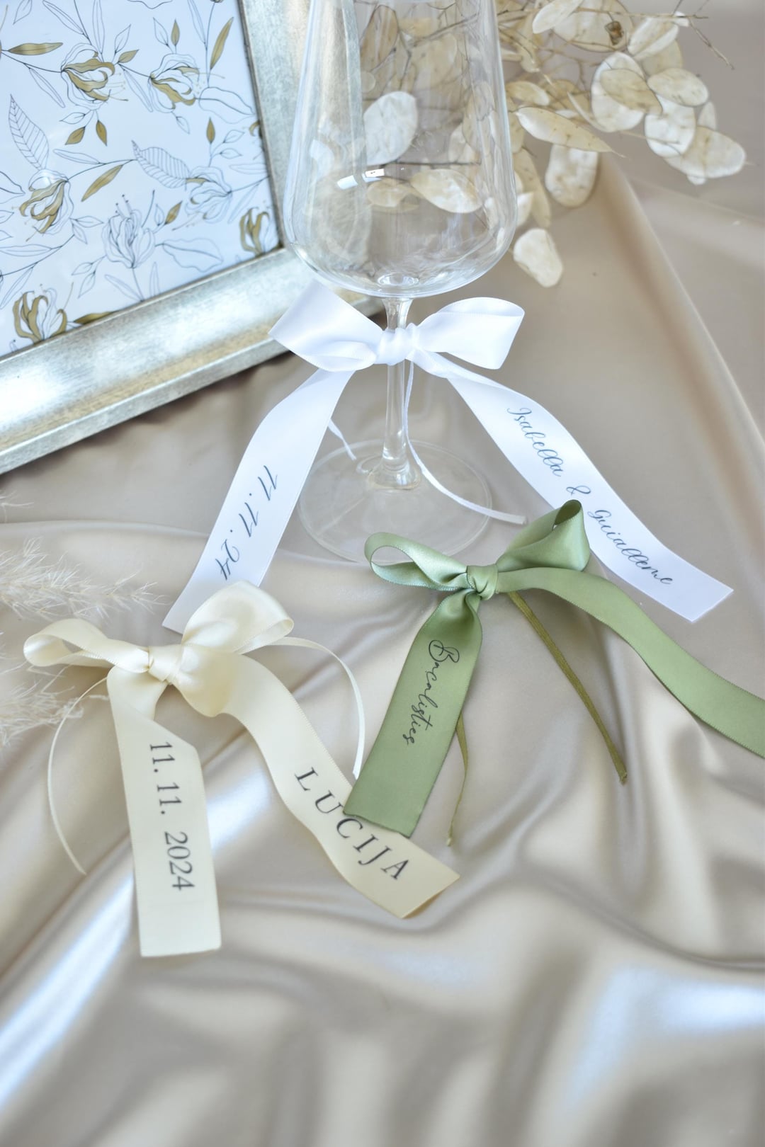 Personalized Wine Glass Tie on Bow, Custom Wedding Champagne Glass Bow ...