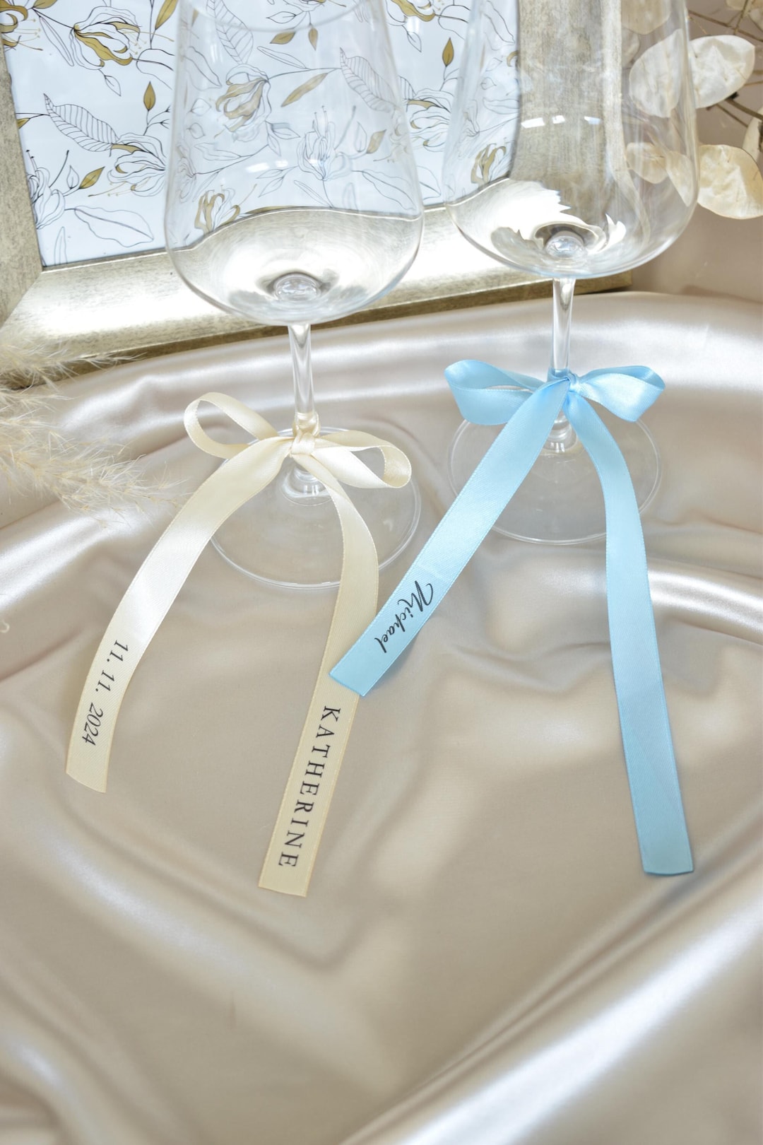 Personalized 15mm Wine Glass Ribbon, Custom Wedding Champagne Glass Bow ...