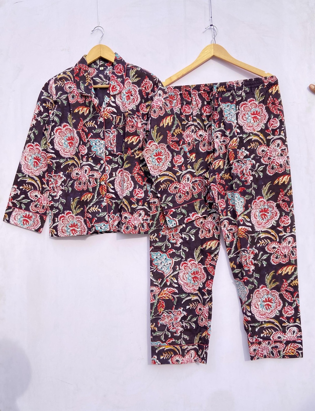 Hand Block Print Cotton Pajama Set, Floral Night Wear Bohemian Comfy PJ ...