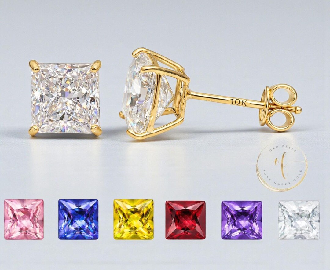 Cubic Zircon 10K Solid Gold • Square Princess Cut • Basket Prong • 2mm ...
