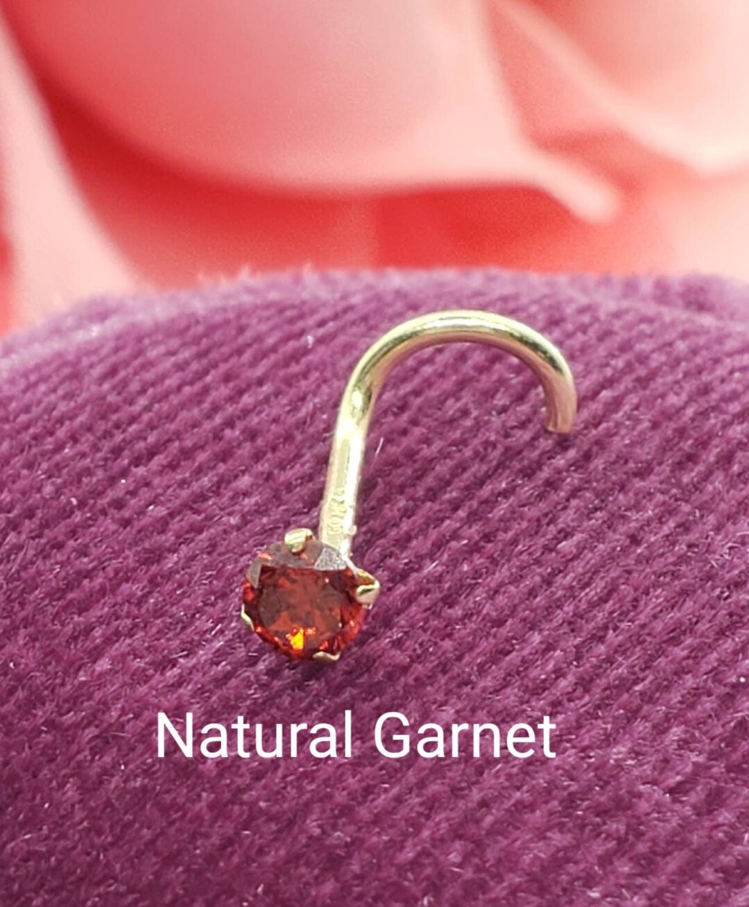 Genuine Real Garnet Nose Stud , 14K Solid Gold in Twisted Crooked Screw ...