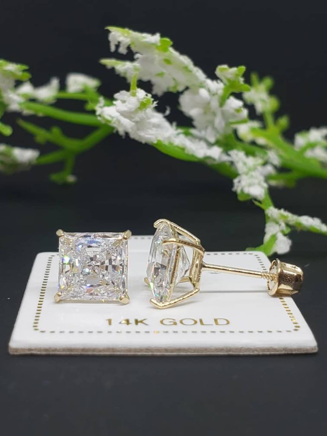 Super Bright 14K Solid Gold • Square Princess Cut • Basket Prong • 3mm ...