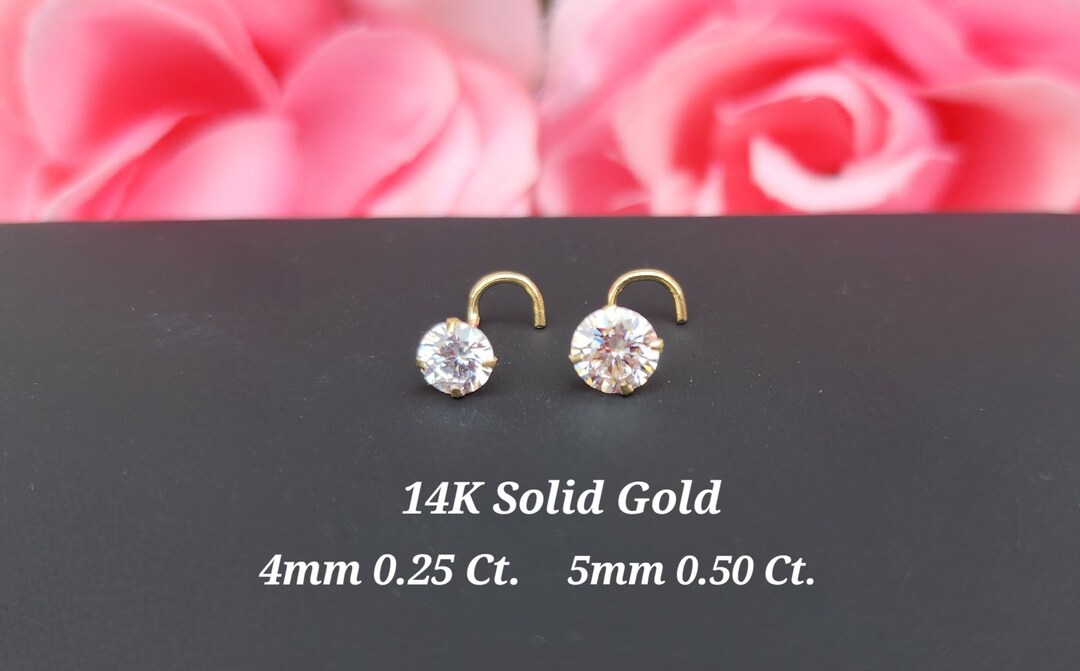 NEW !!! 4mm 5mm Large NOSE Stud 14K Solid Gold 20 Gauge With 4 Prongs ...