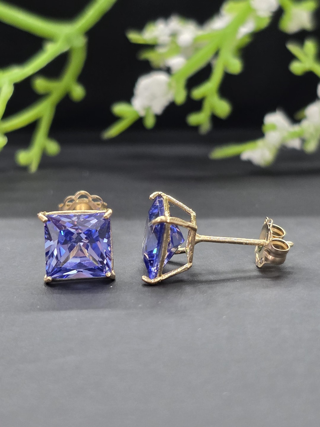 Tanzanite Square Princess Cut 14K Solid Gold Earring Push Backing With ...