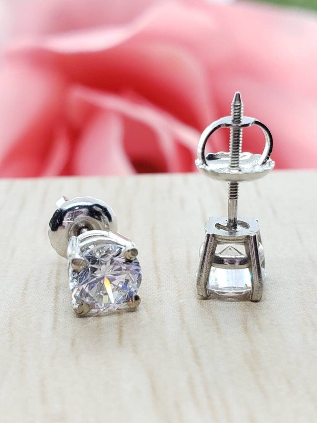 14K Solid Real Gold • Diamond Screw Backing Stud Earrings • Heavier ...