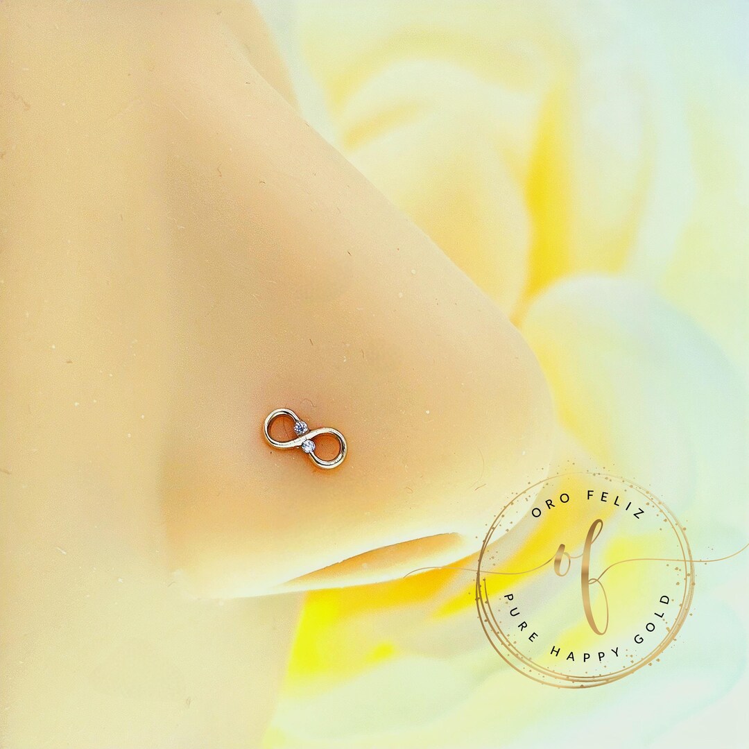 14K Solid Gold , Ball Ends Nose Stud, Infinity CZ Design With Stone ...