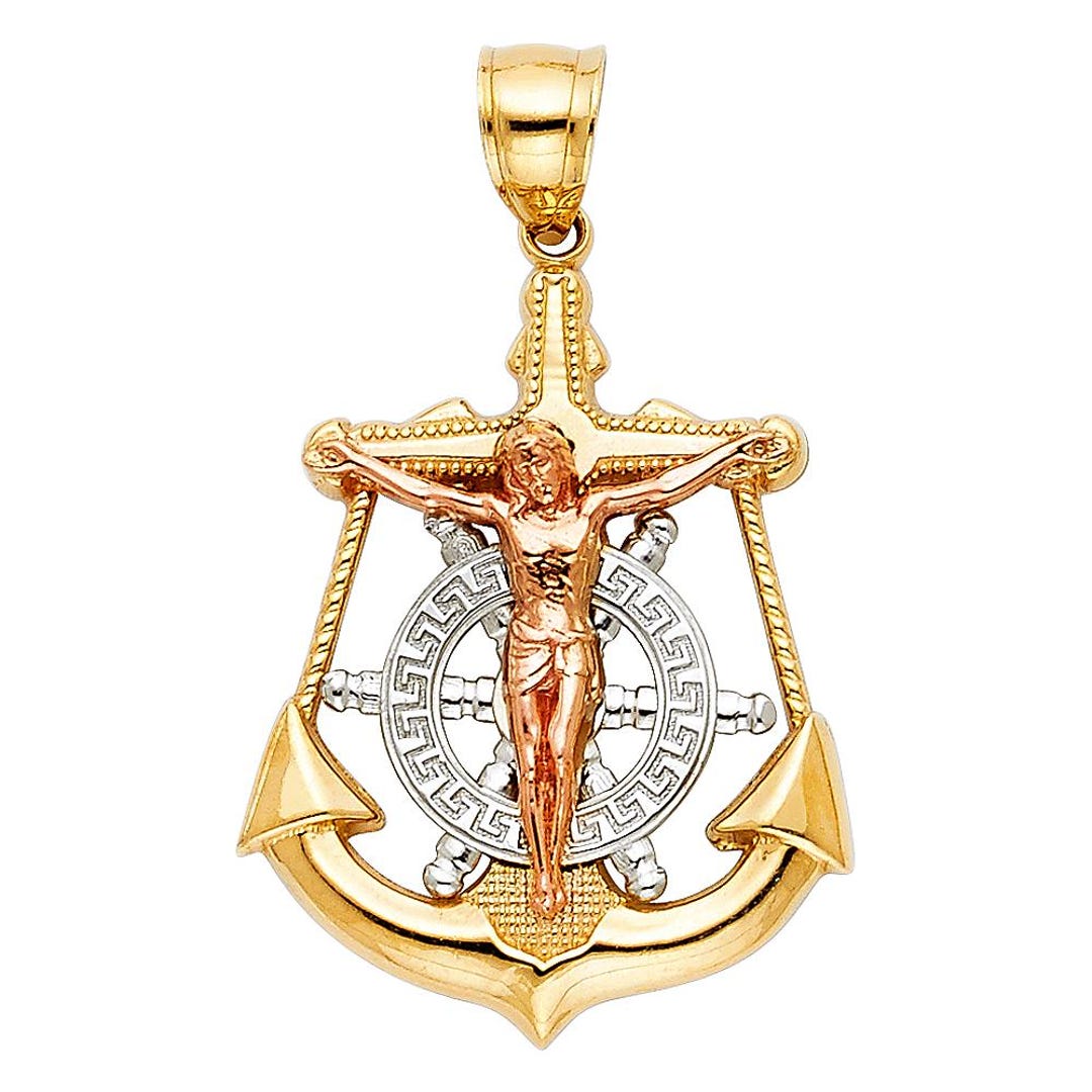 14K Solid Yellow Gold Jesus Christ Crucifix Mariner Anchor Pendant ...