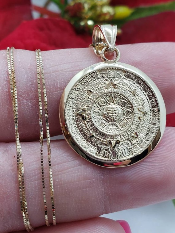 14K Solid Yellow Gold Aztec pendant Azteca sun CALEND… - Gem