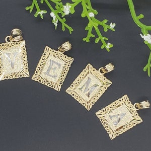 14K Solid Gold Pendant Square Initial Letter Small Charm A-Z ...