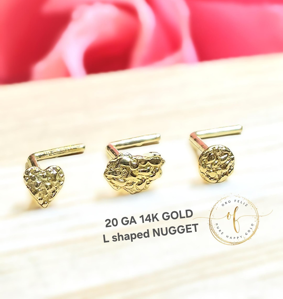 L Shaped 20 GA NUGGET 14K Solid Yellow Gold Size Nugget Nose Stud L ...
