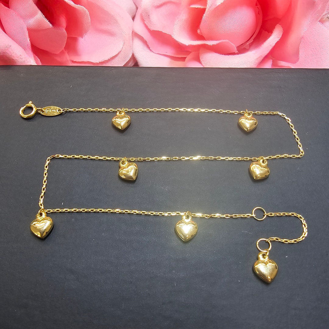 10K Real Yellow Gold • Dangle Hollow Heart Charm High Quality Ankle ...