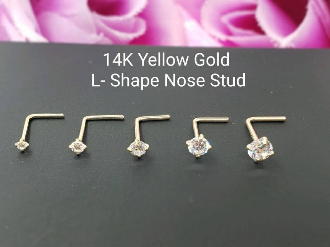 14K Solid Yellow Gold , L-shape Bar Nose Stud, Diamond Nose Stud, Micro ...