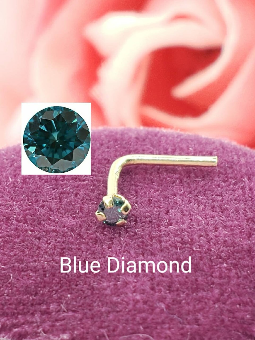 Genuine Real Blue Diamond Nose Stud 14K Solid Gold in L-shaped Ends ...