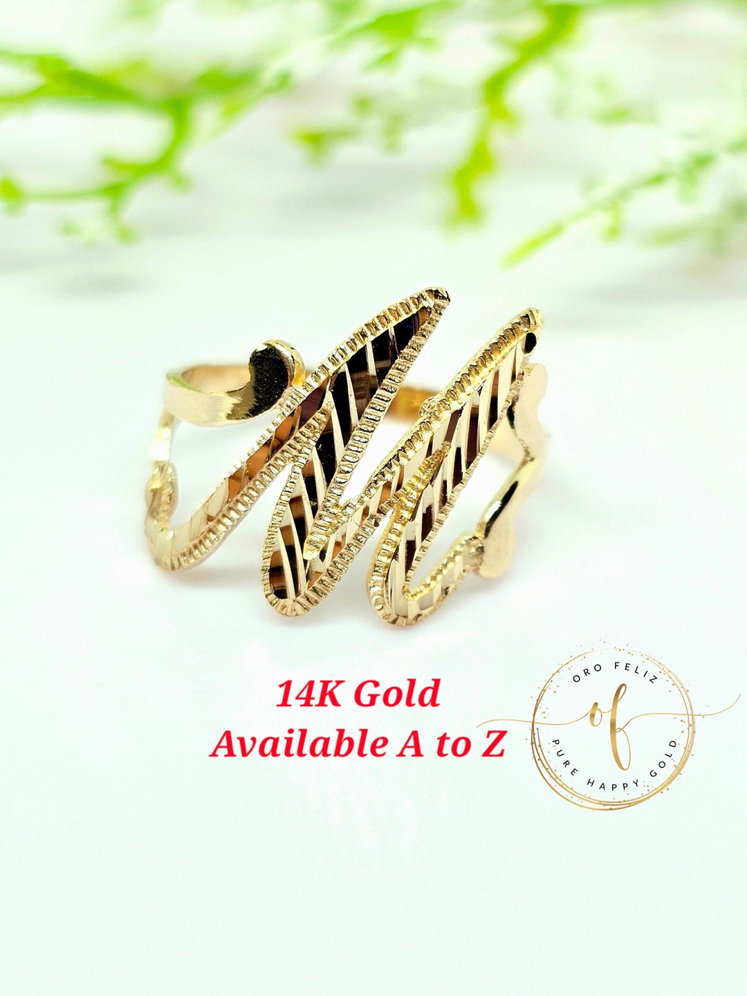 14K Yellow Gold Diamond Cut Scripted 3C Initial Rings, Initial A-Z ...