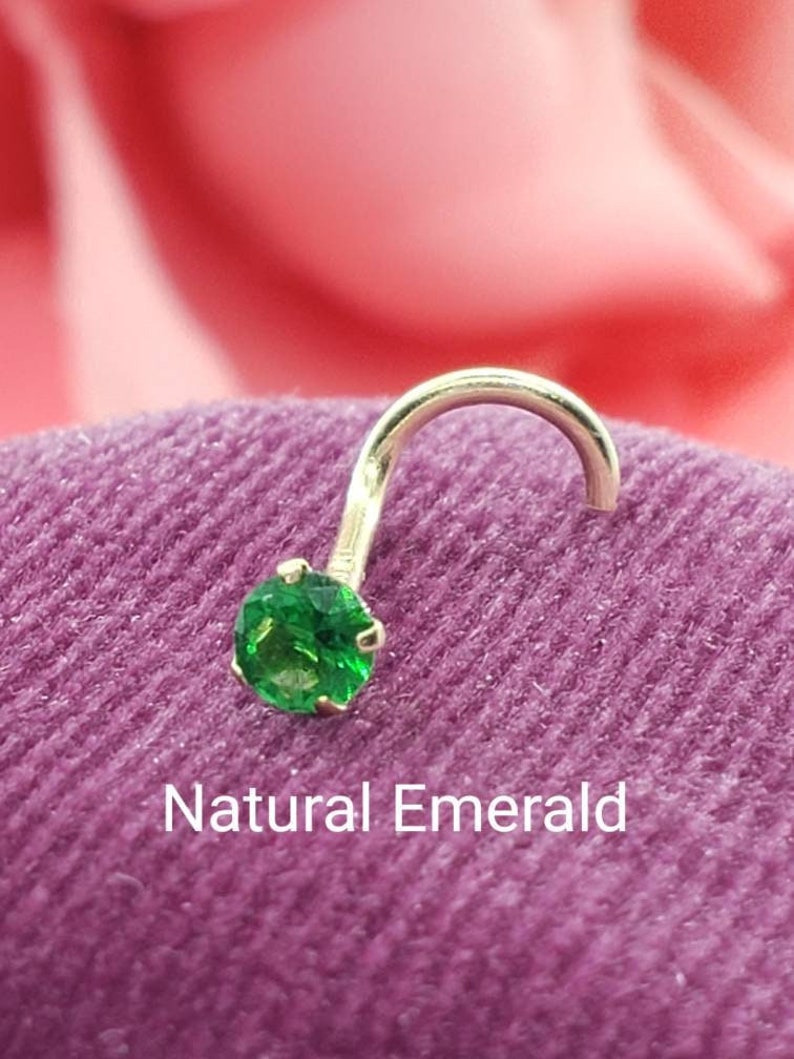 Genuine Real Emerald Nose Stud , 14K Solid Gold in Twisted Crooked ...