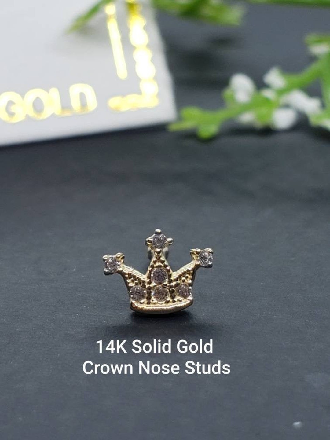 14K Solid Gold , Ball Ends Nose Stud, Crown Design With Diamond Nose ...
