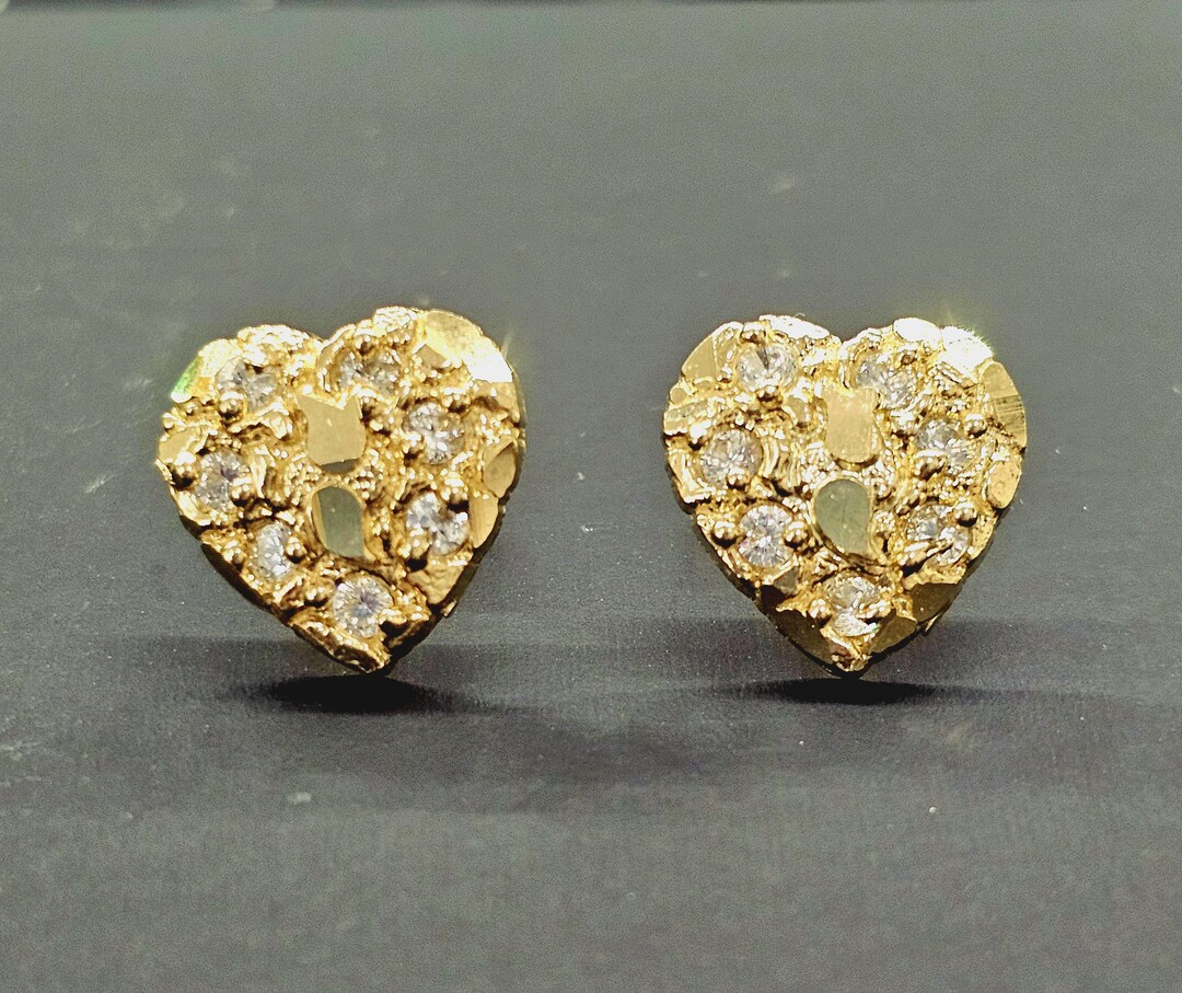 10K Solid Gold • NUGGET Heart Earrings CZ Diamond Cut • Push Backing ...