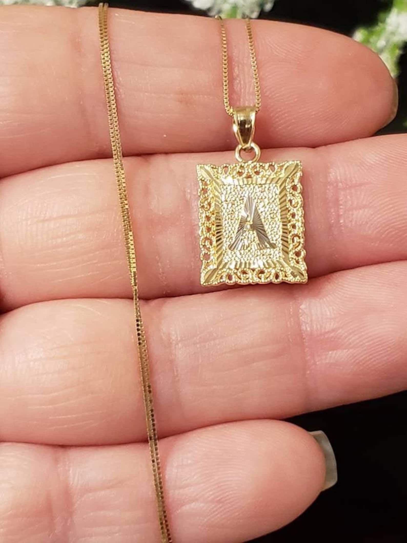 14K Solid Gold Pendant Square Initial Letter Small Charm A-Z - Etsy