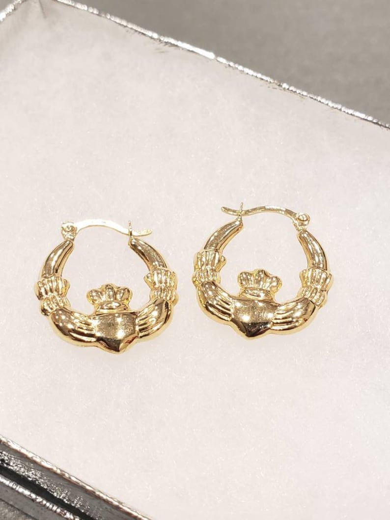 14K Real Yellow Gold • Claddagh Hoop Earrings • Irish Claddagh Celtic ...