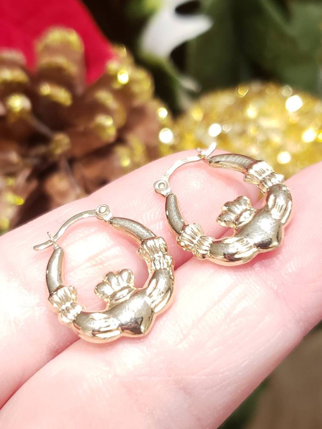 14K Real Yellow Gold • Claddagh Hoop Earrings • Irish Claddagh Celtic ...