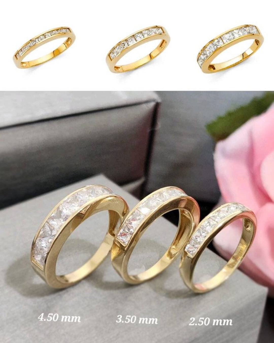 Princess Cut 14K Solid Gold Square Channel Set Half Eternity ...