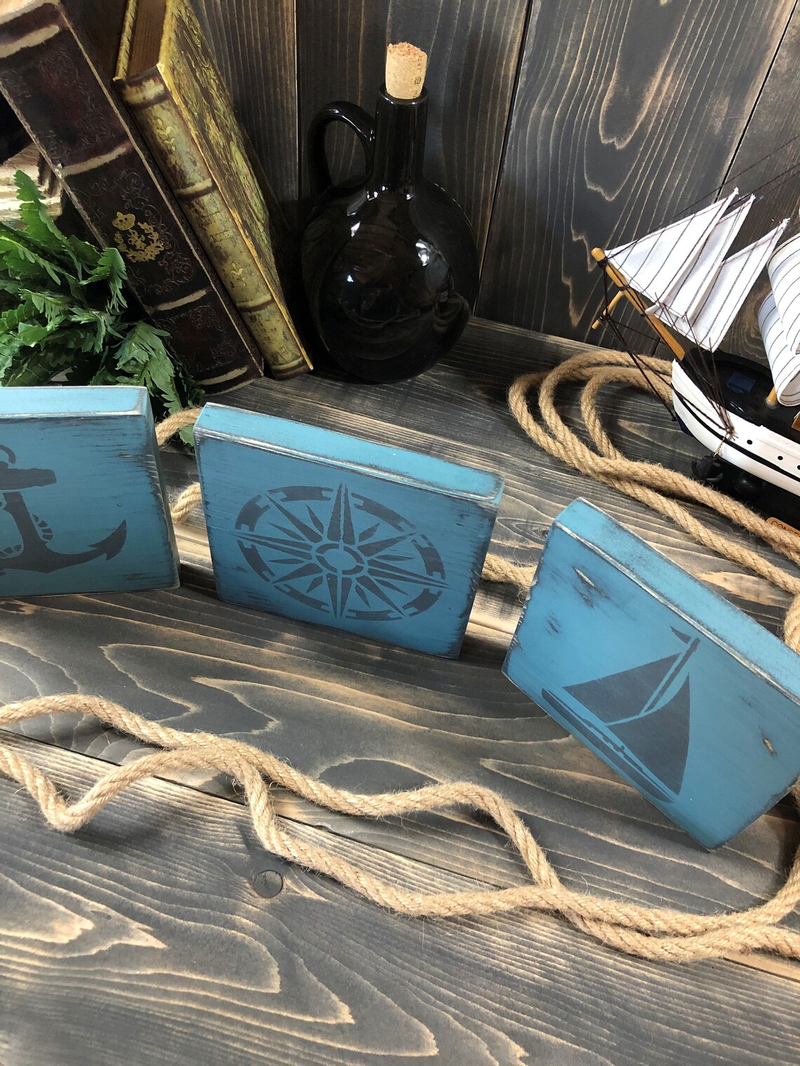 Set of Hand Painted Nautical Blocks Seaside Decor Beach - Etsy