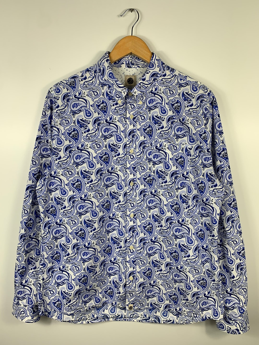 Mens Pretty Green Long Sleeve Button Down Shirt Paisley Slim White Blue ...