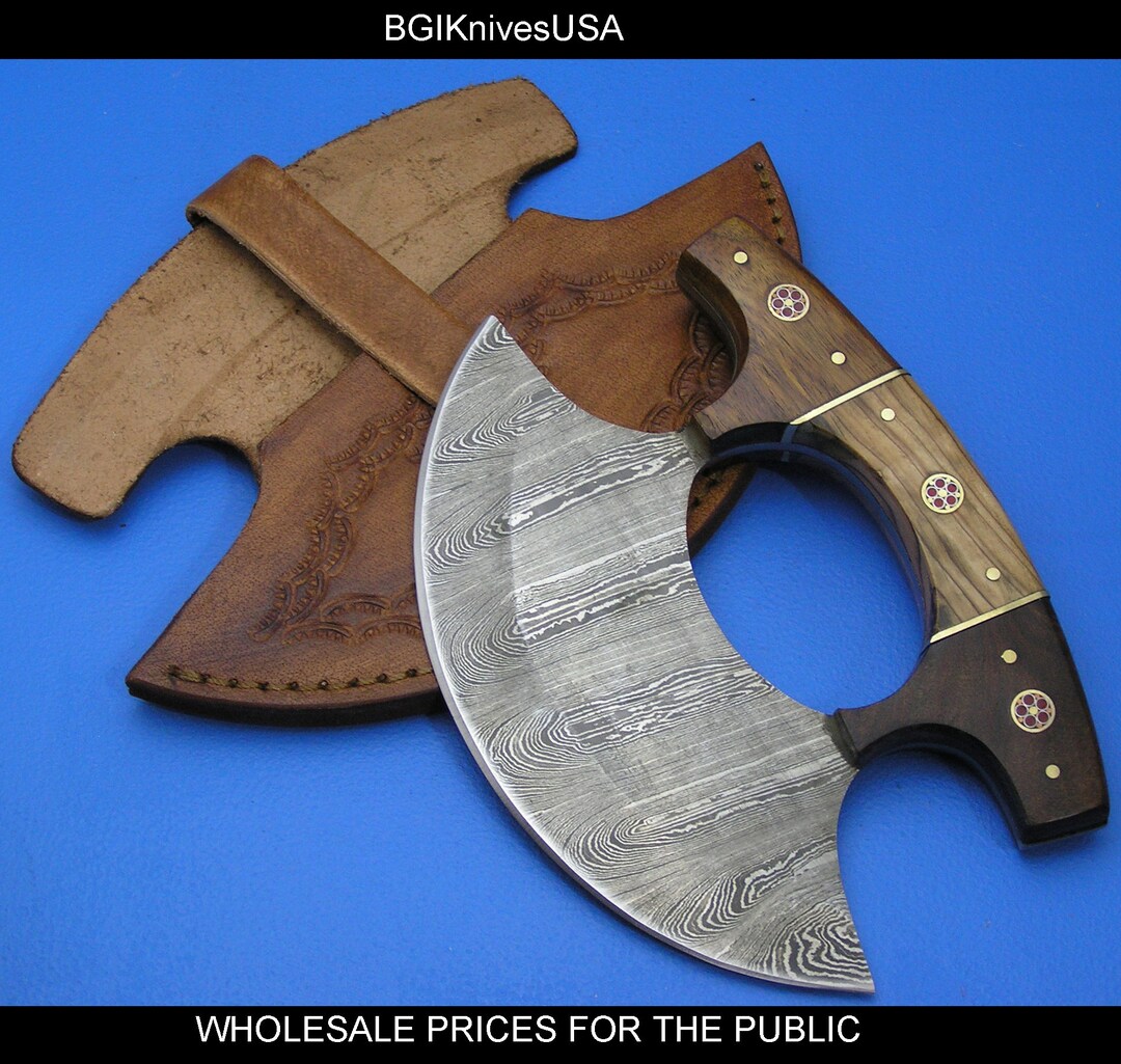 Handmade Damascus Olive Wood Rosewood Alaskan Ulu Pizza Cutter Kitchen ...