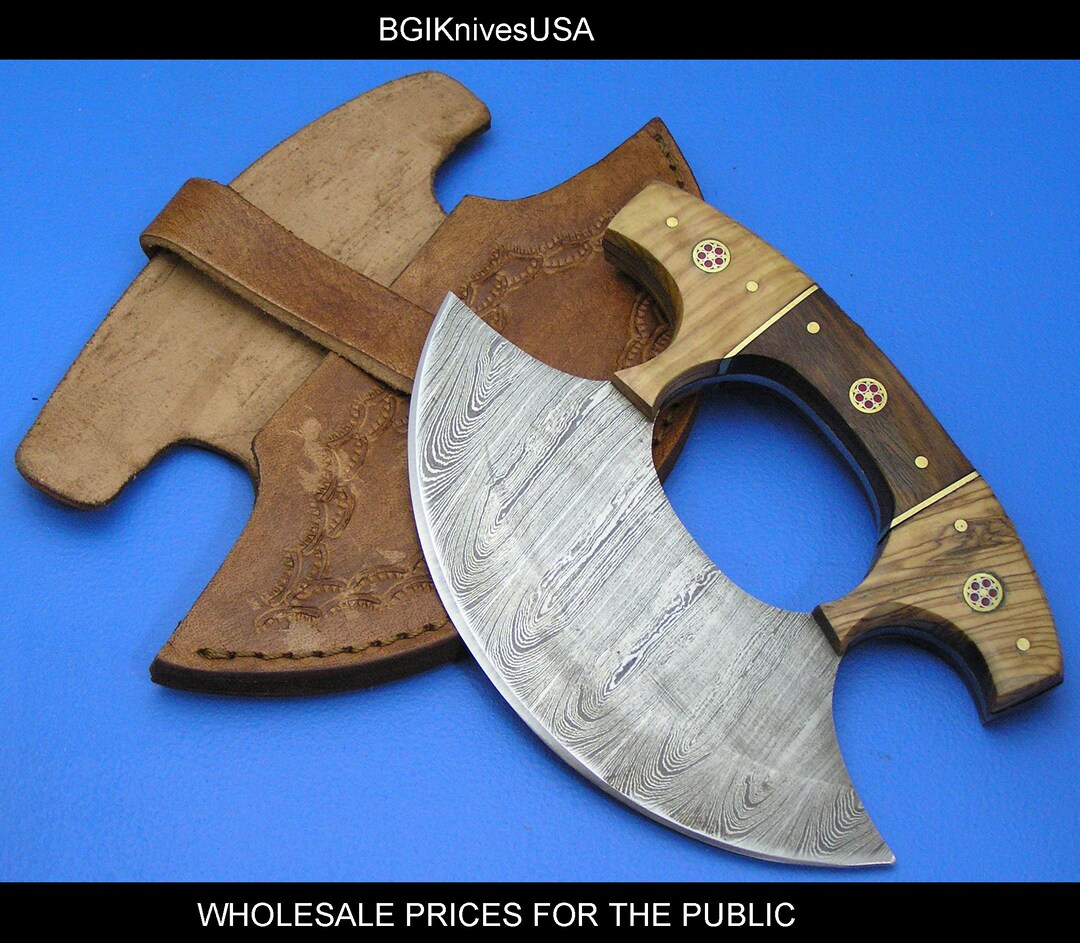Handmade Damascus Steel Rosewood Olive Wood Professional Alaskan Ulu ...