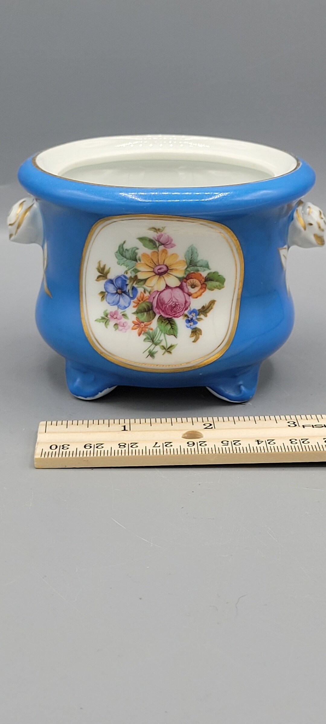 Bright Blue With Hand Painted Floral Small German Cache Pot ~ Footed ...