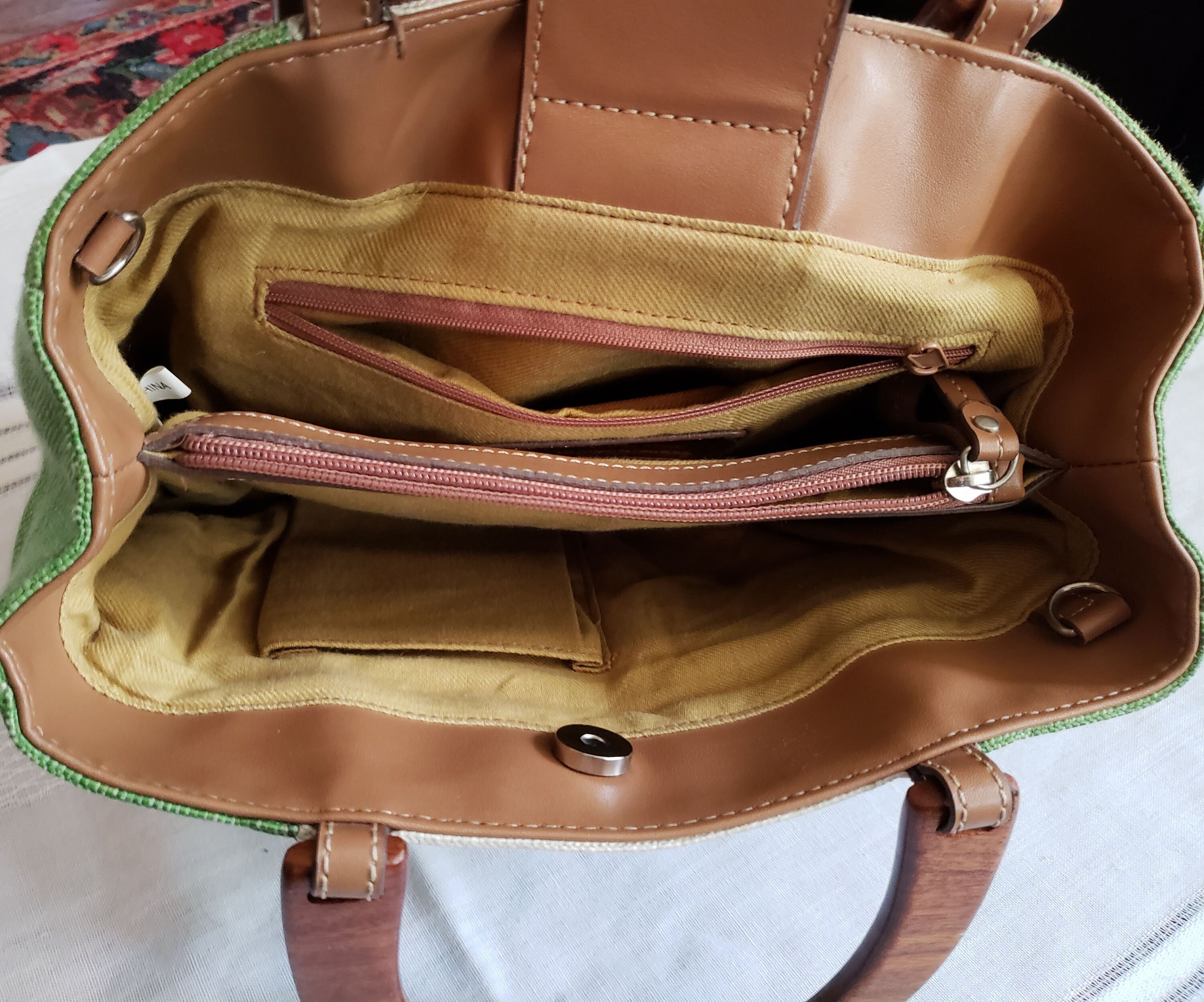 Vintage Relic Handbag Green & Cream Canvas Tote With Wooden | Etsy