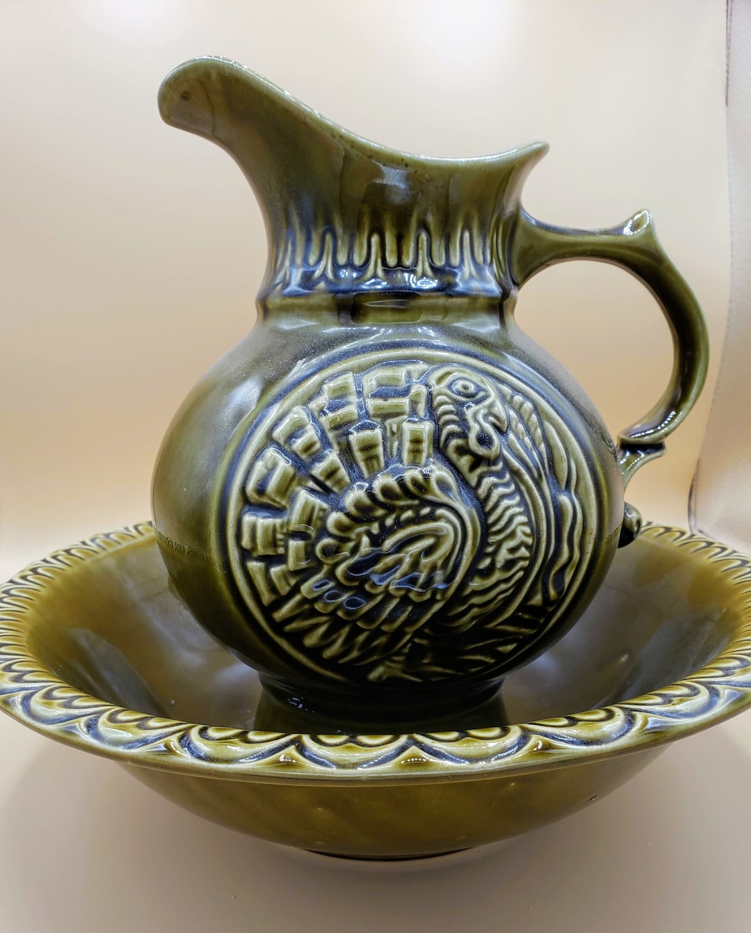Vintage Mccoy Water Pitcher & Wash Basin ~ Turkey Motif ~ Avocado Green ...