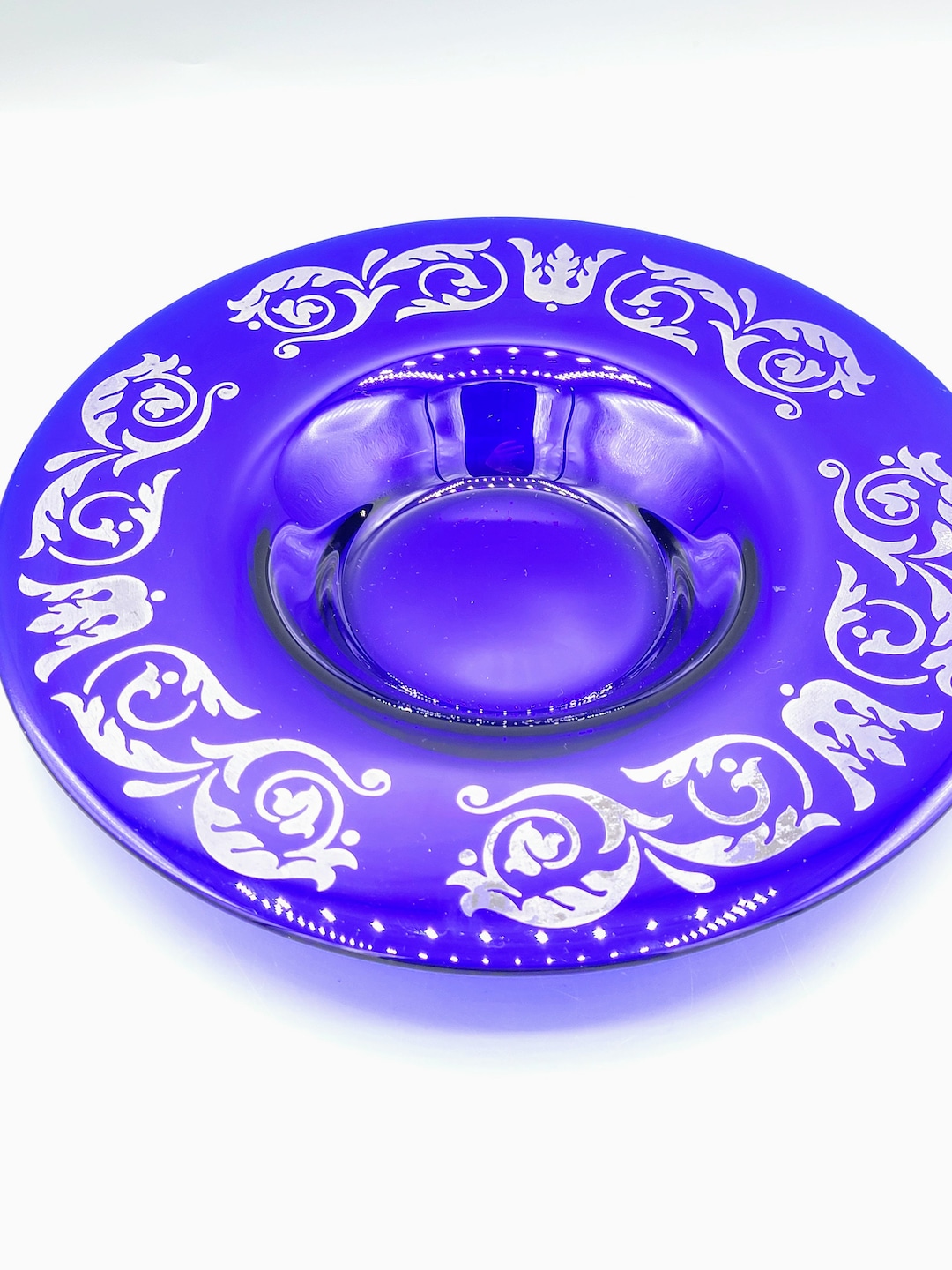 Egizia Argento Italian Modernist Cobalt Blue Glass Bowl With Silver Stencil Scroll Edge ~ MCM ...