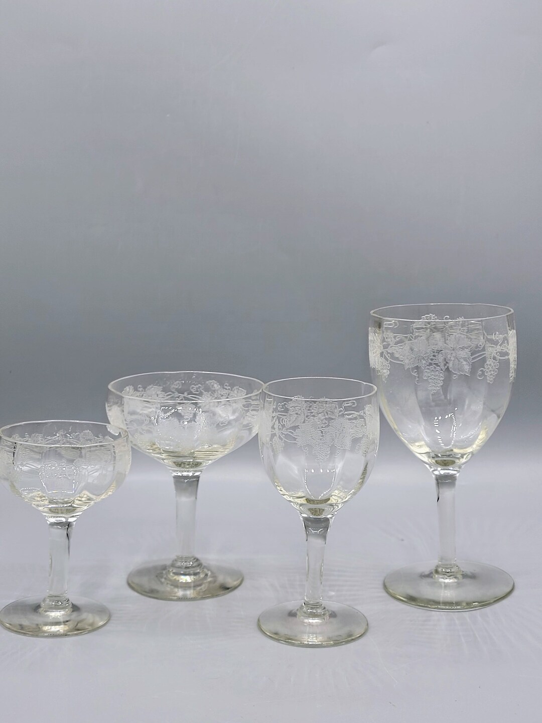 4 Central Glass Works Antique Crystal Stemware Stem 112, Etch 6 Wheelcut Grapes, Optic Panels ...