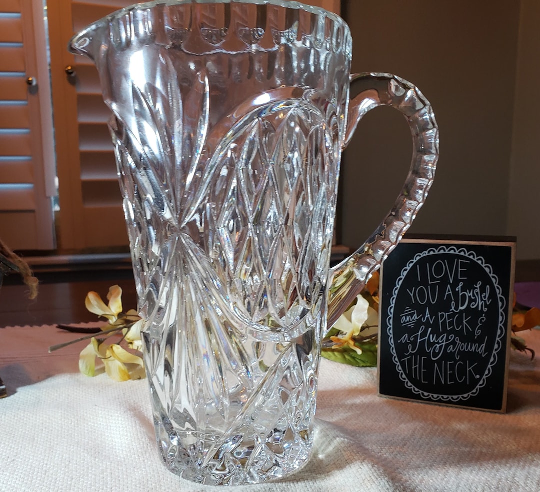 Diamond Cut Crystal 8" Glass Pitcher, Decanter ~ European Mid Century ...