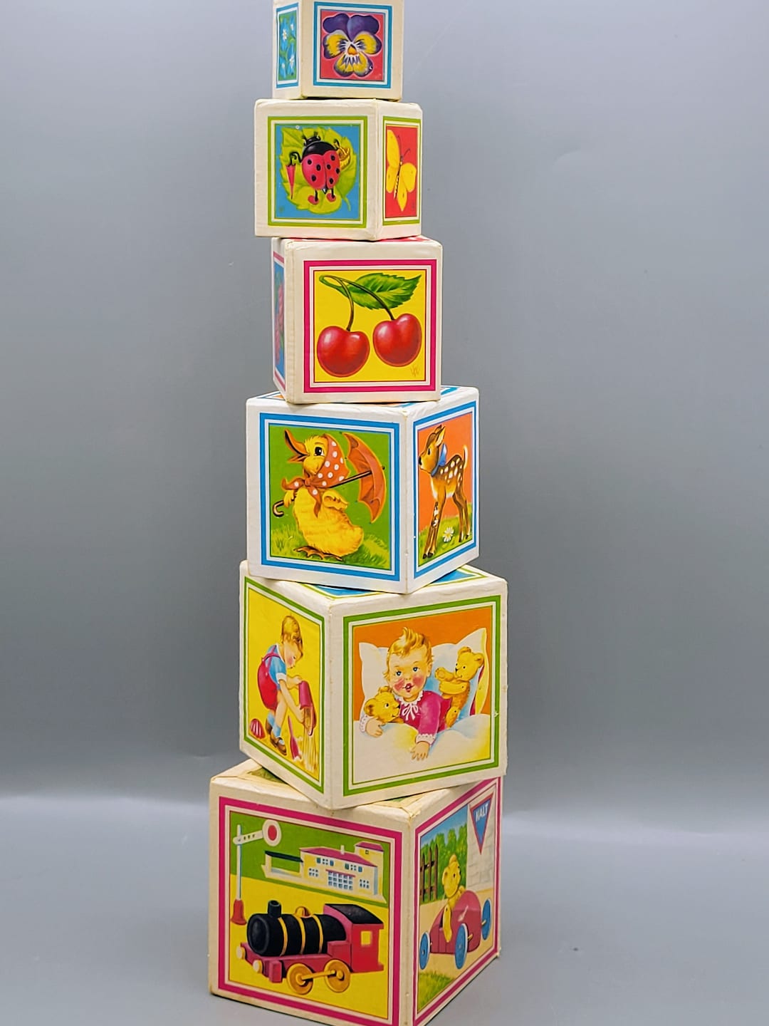 Mid Century Lithograph Covered Wooden Set of 6 Stackable Nesting Blocks ...